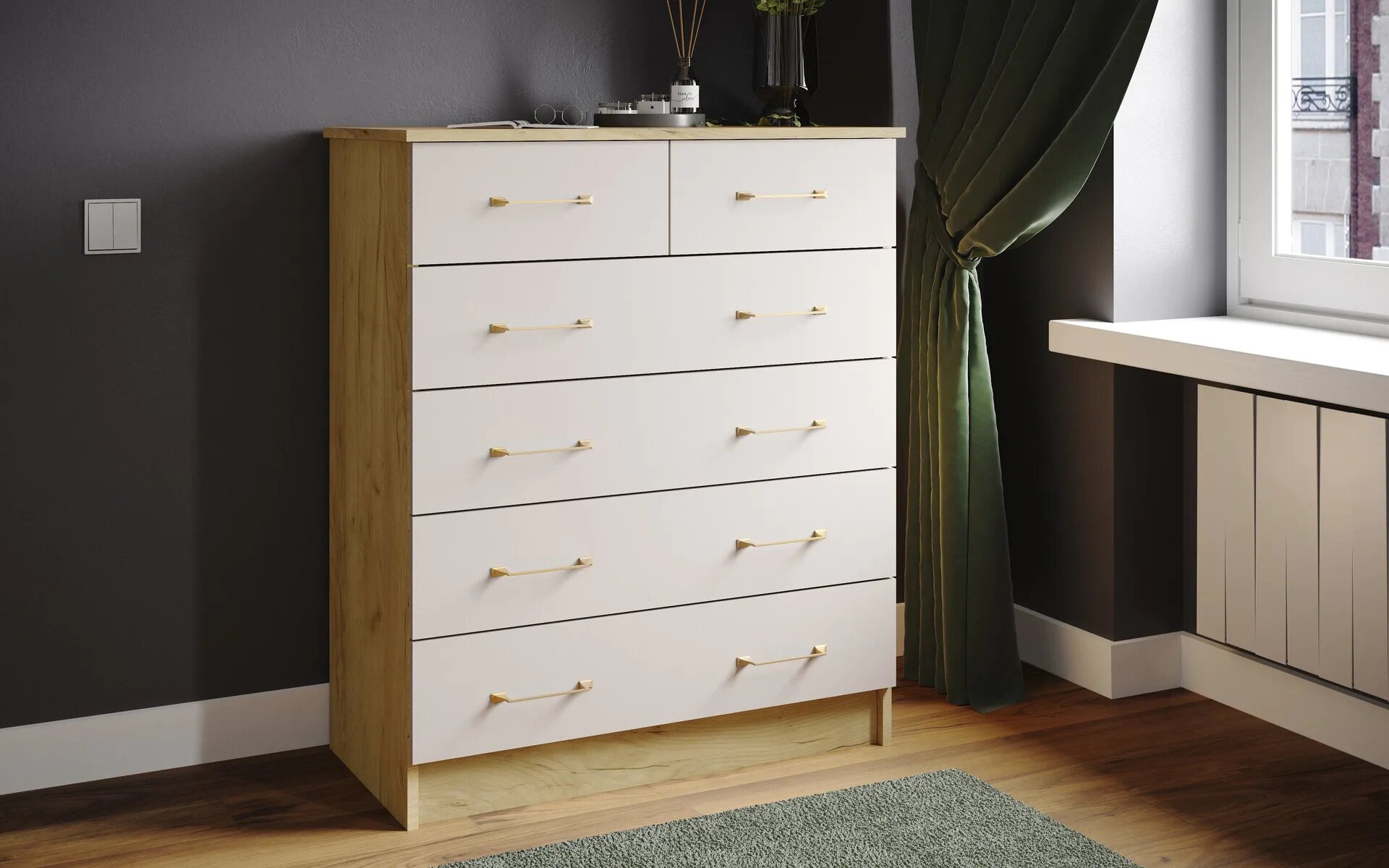 Комод «Катрин-5» (К), 6 ящиков, улучшенная фурнитура, дуб крафт золотой/кашемир (820х435х988)