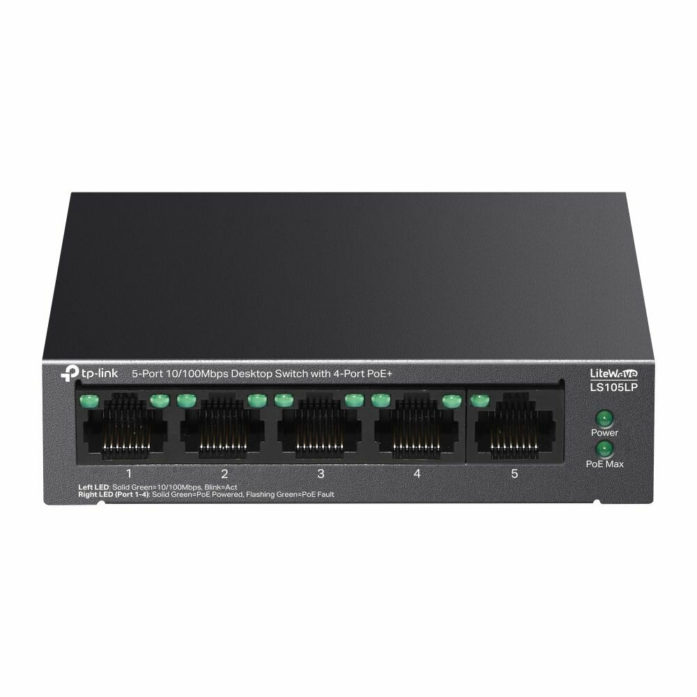 Коммутатор TP-Link LS105LP неуправляемый, 5xRJ45 100Мбит/с PoE+ 41Вт, с поддержкой автосогласования и авто-MDI/MDIX