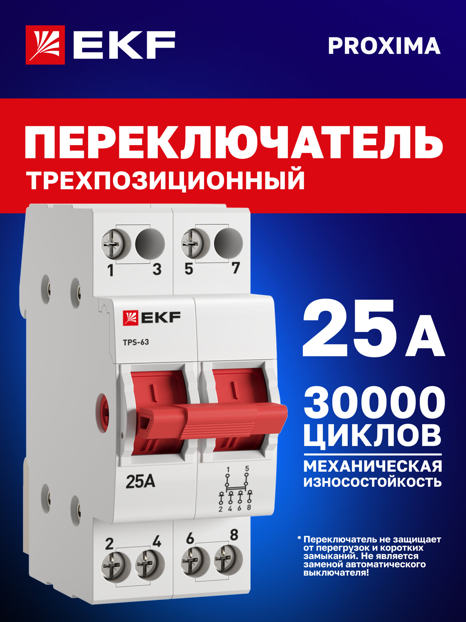 Трехпозиционный переключатель 25А EKF PROXIMA ТПС-63 двухполюсный 2P модульный - реверсивный рубильник для ввода резерва