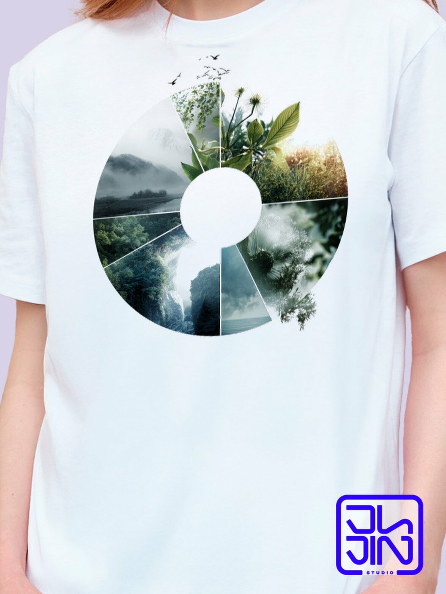 Футболка классическая женская с авторским принтом Геометрическая темно-зеленая композиция с кругом, природные пейзажи и листья, белый хлопковый трикотаж с прикольным рисунком на груди