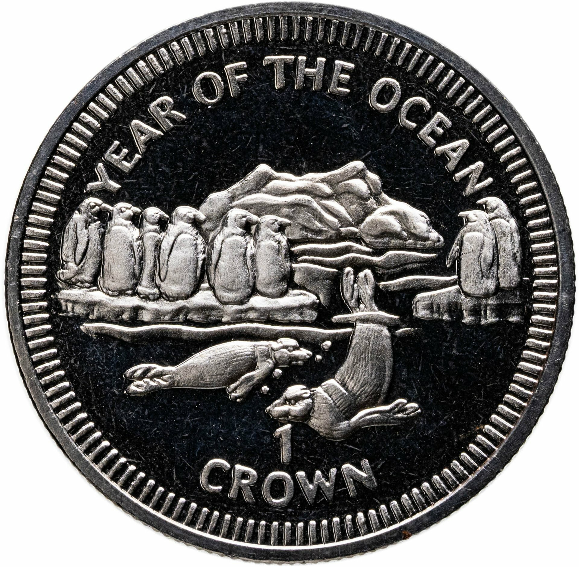 Остров Мэн 1 крона crown 1998 "Год океанов - пингвины и морские котики", Мельхиор медь-никель, в сохранности BUNC