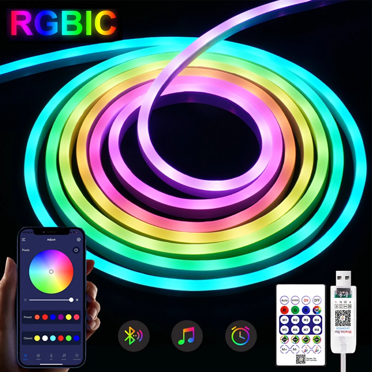 RGBIC светодиодная лента 1м, Bluetooth, USB, водонепроницаемая