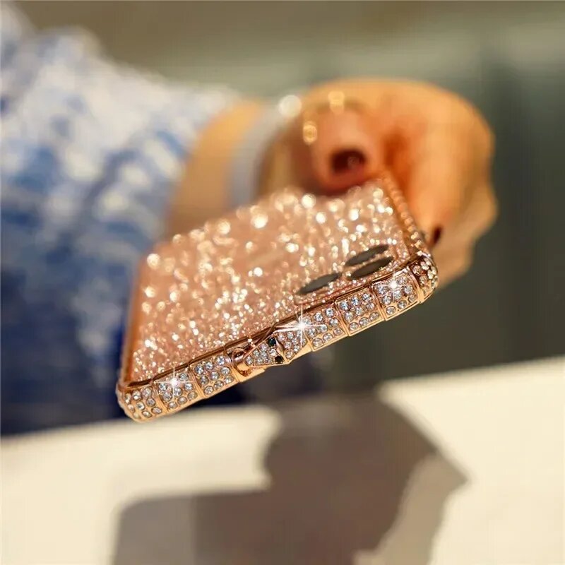 Металлический бампер со стразами и кристаллами и бриллиантами для iPhone 14 Plus 15 12 Mini 13 11 Pro XS Max XR X + блестящая задняя пленка Rose Gold, For iPhone 13