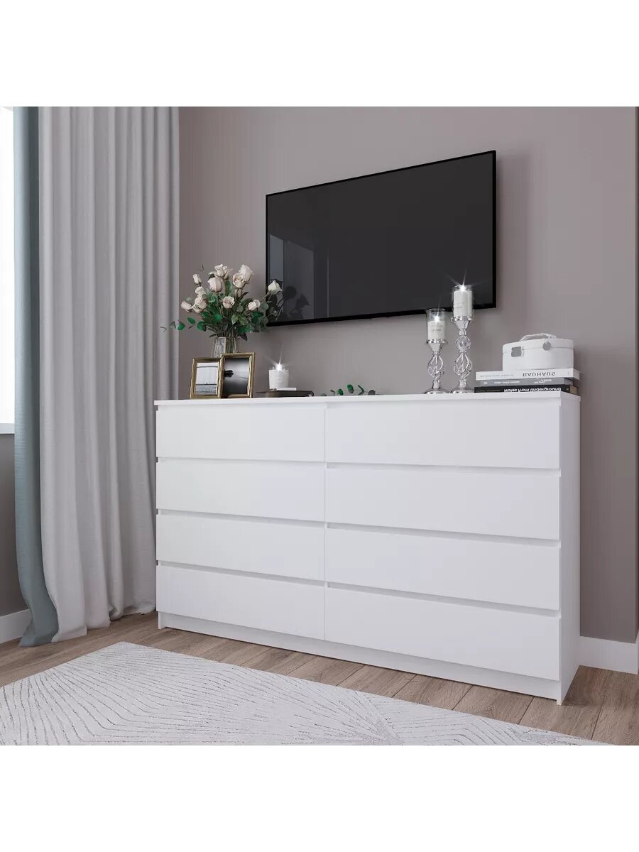 Комод для вещей КМК, ЛДСП, шариковые направляющие, 8 ящиков, белый