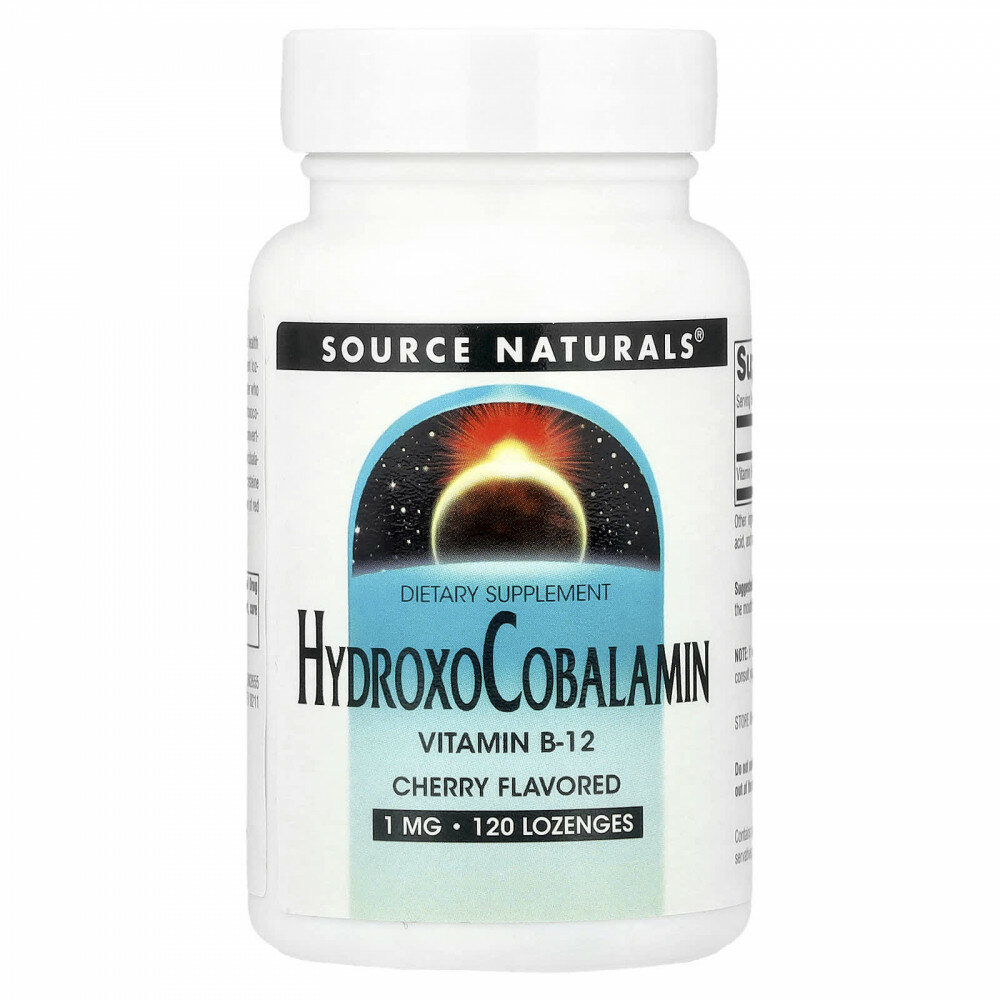 Source Naturals, гидроксокобаламин (витамин B12), вишня, 1 мг, 120 таблеток для рассасывания