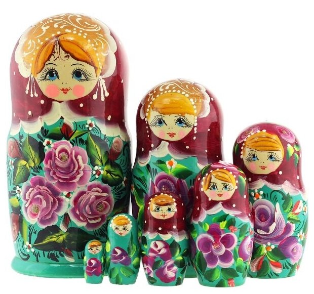 Матрешка деревянная авторская прямая бордово-изумрудная 7 мест 21 см сувенир Azhna