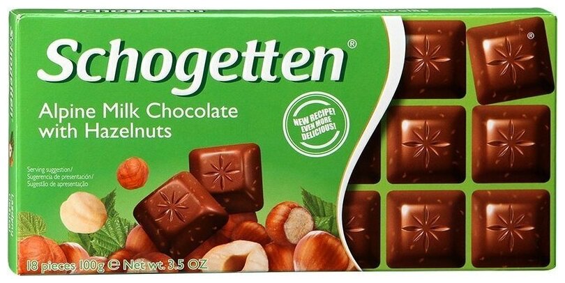 Шоколад Schogetten Alpine Milk Chocolate With Hazelnut Шогеттен молочный с обжаренным фундуком, 100 г х 15 шт