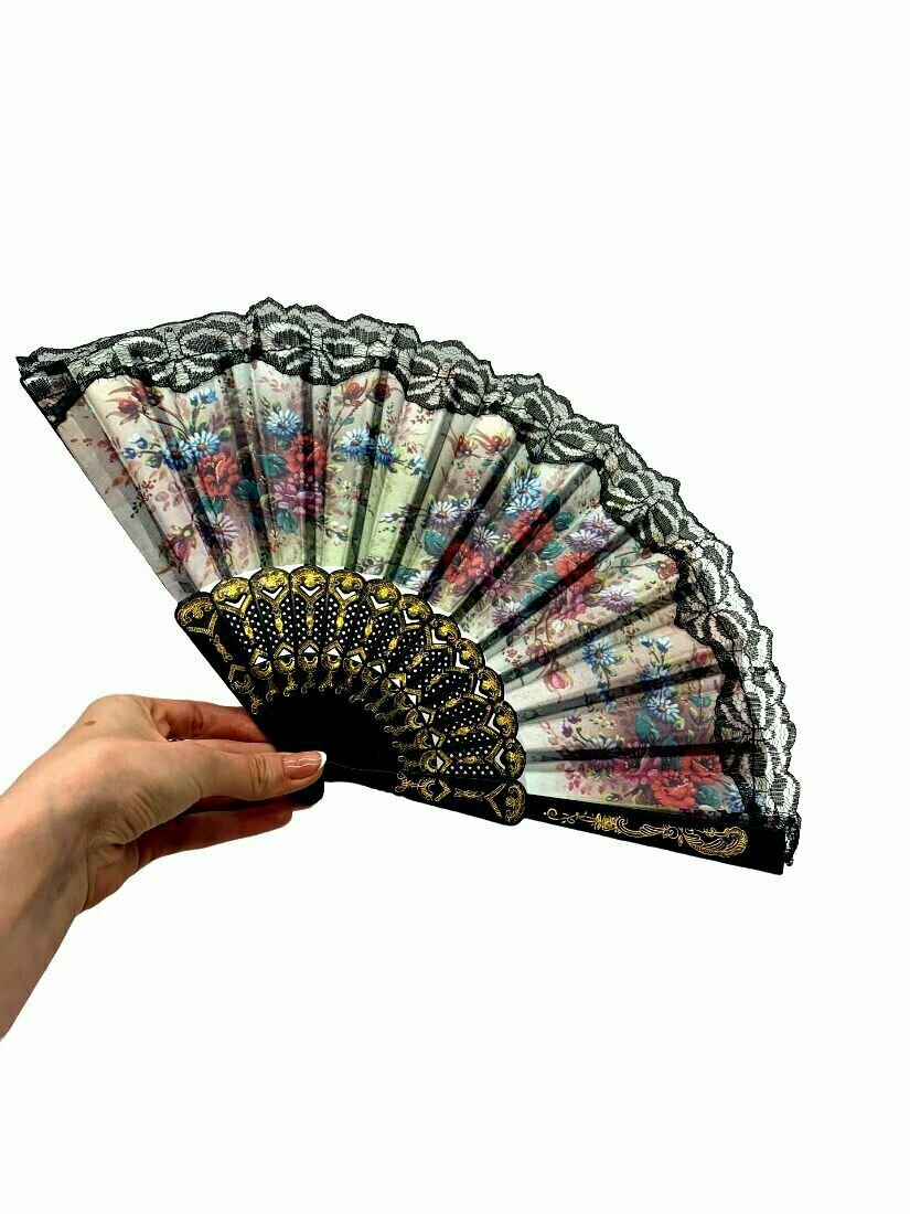 Веер складной/ веер тканевый с кружевом на пластиковой основе