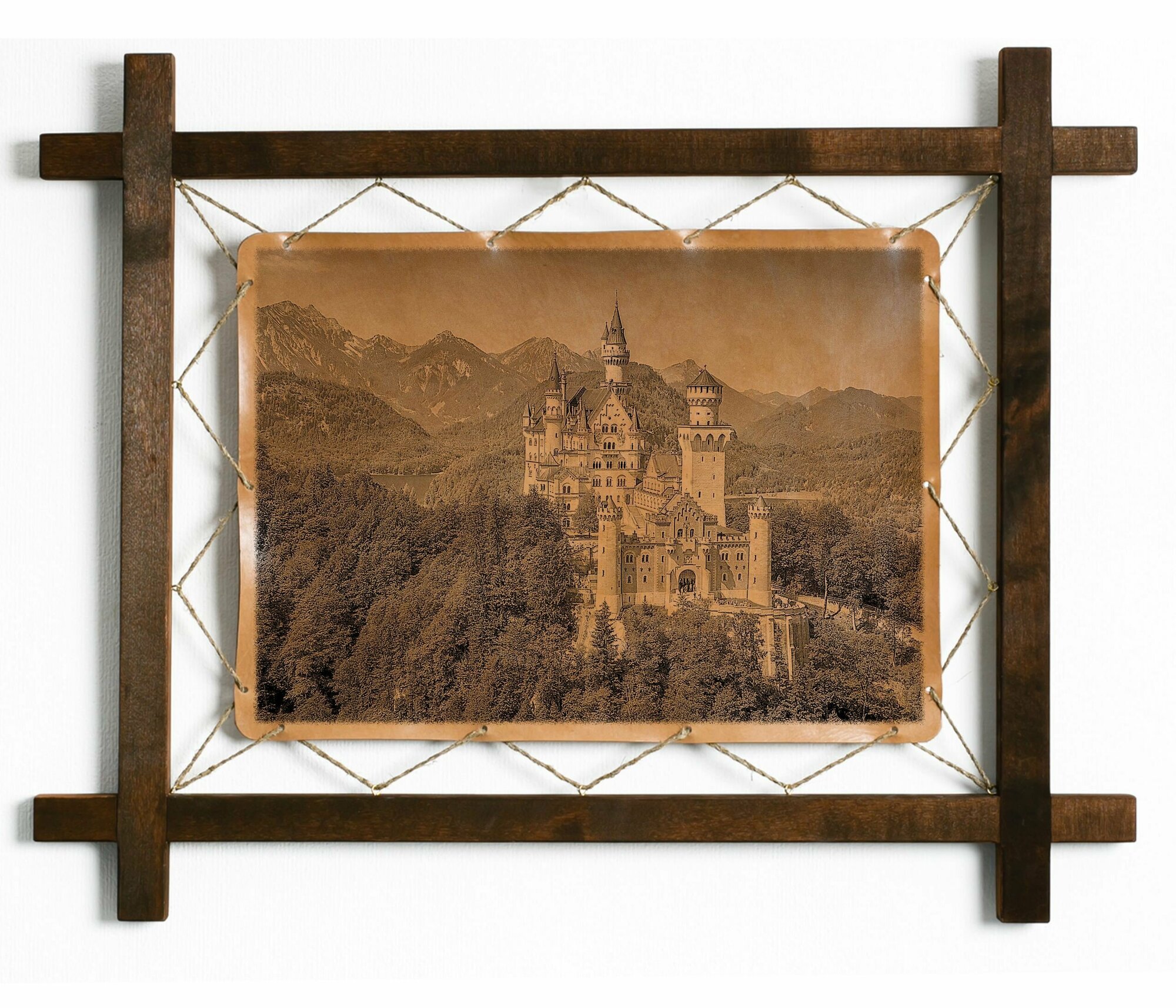 Картина интерьерная, натуральная кожа, "Замок Нойшванштайн" (Германия), в деревянной раме, BoomGift