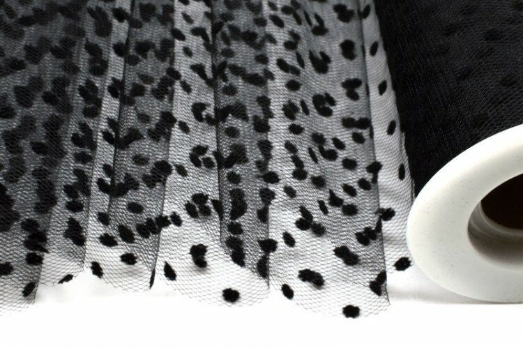 Фатин средней жесткости, ширина 14,5см, цвет черный горох, 100% полиэтер, 1035-032, 1 метр