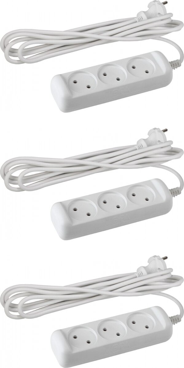 Удлинитель ЭРА U трехместный без заземления 1,5 метра белый (комплект из 3 шт.)