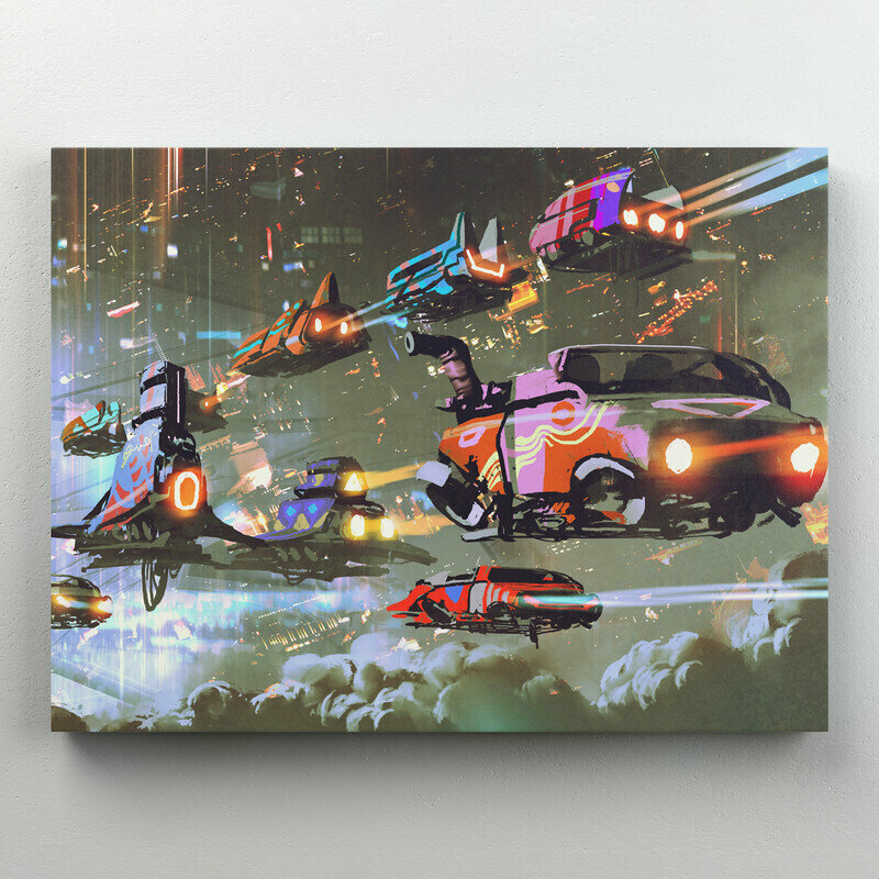 Интерьерная картина на холсте "Футуристическая картина - летающие машины" размер 30x22 см