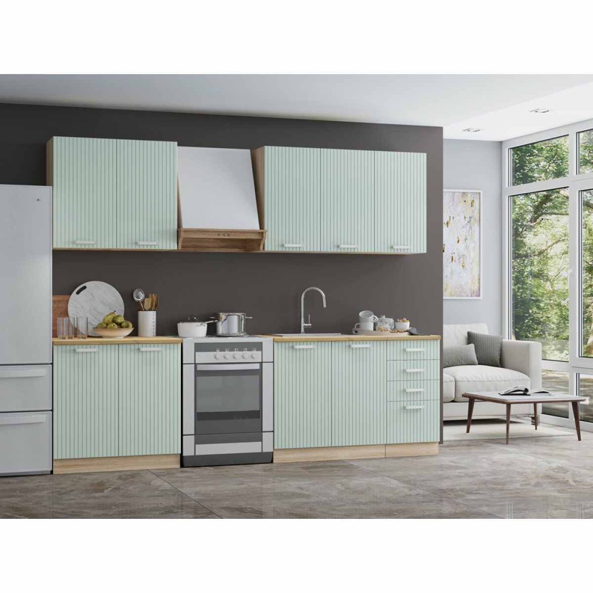 Кухня " Вельвет " 2,0 метра (Улучшенная фурнитура) цвет фасадов Фисташка / корпус сонома , ЛДСП, МДФ