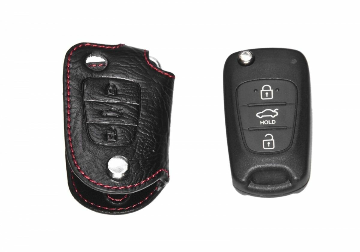 Чехол для автомобильного ключа Hyundai (Хендай) Цвет Черный Нить Красная