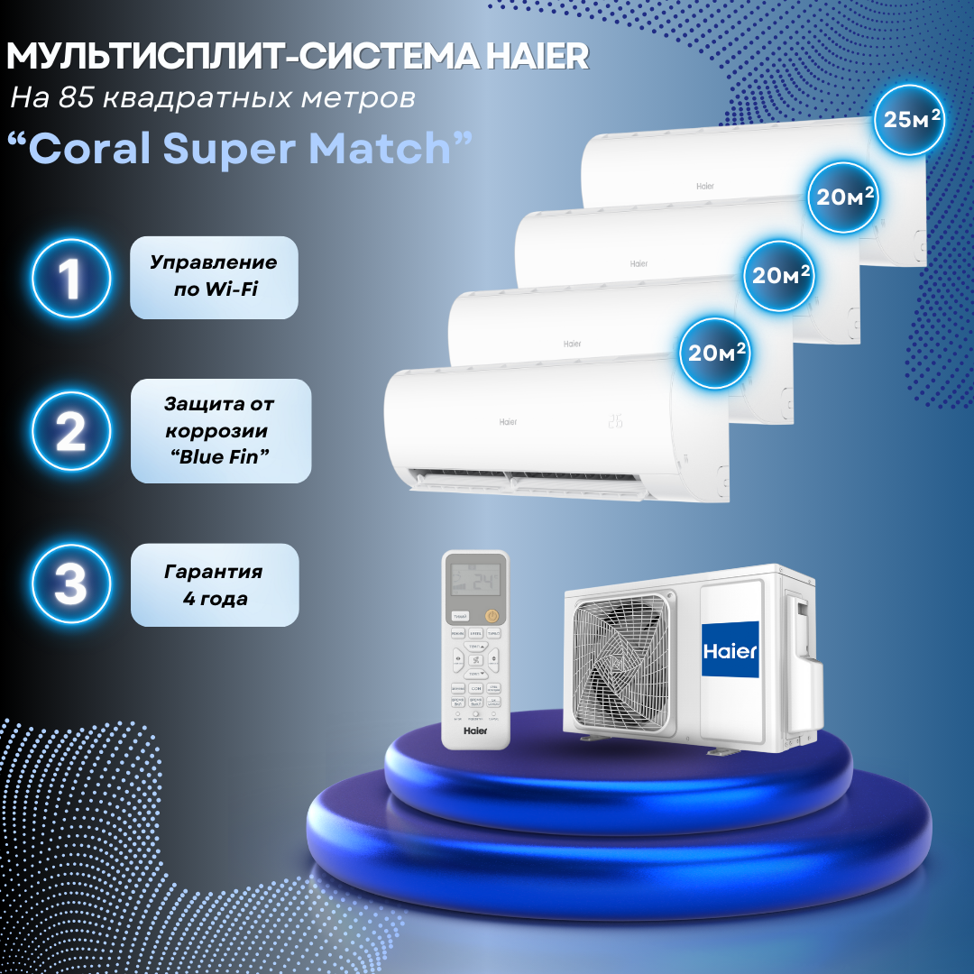 Мультисплит-система Haier Coral Super Match 3 x AS20PS1HRA-M + AS25PS1HRA-M / 4U85S2SR5FA на 4 комнаты 20+20+20+25 м²