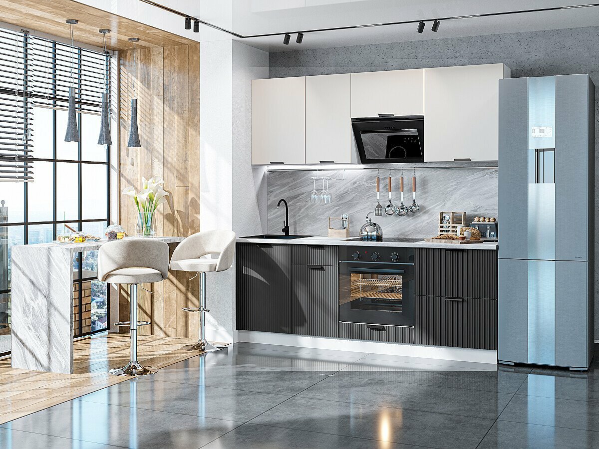 Кухня Евро Лайн-02, цвет фасада Агат/Антрацит, цвет каркаса Белый, 2140*2000*600 мм