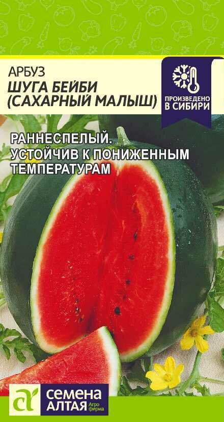 Семена арбуза "Шуга Бэби (Сахарный малыш)" 10 упаковок по 1 гр - плоды шаровидной формы, массой 3,5-4,5 кг, с темно-зеленой корой и едва заметными полосами.