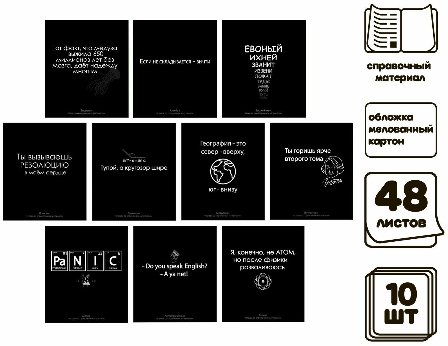 Комплект школьных предметных тетрадей 48 листов "На Чёрном" в клетку и линейку (линию), набор из 10 предметов со справочным материалом, обложка мелованный картон, УФ-лак (полный), блок офсет