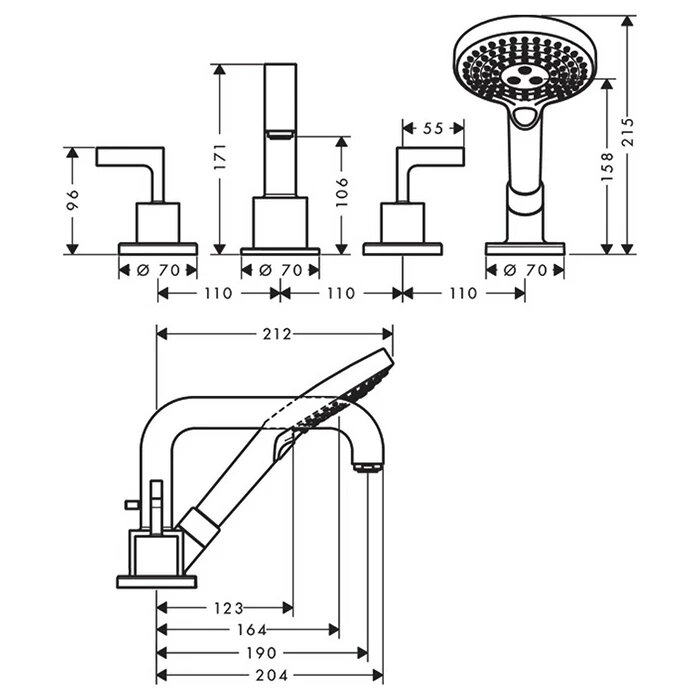 Ax citterio смеситель на борт ванны, 4 отв. с рычаговыми рукоятками ручным душем (внешняя часть) цвет: хром 39446000 Axor