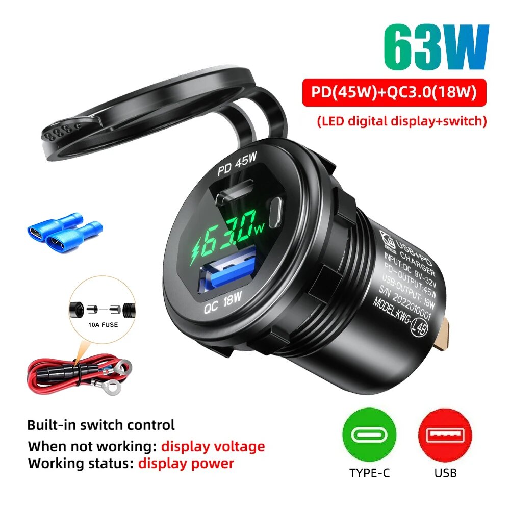 Автомобильная зарядка 63W PD 45W + QC3.0 18W, USB TYPE C Green