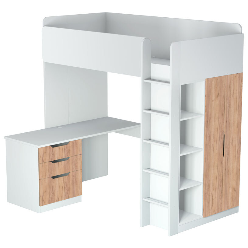 Кровать-чердак Polini kids Simple с письменным столом и шкафом, белый-дуб крафт золотой