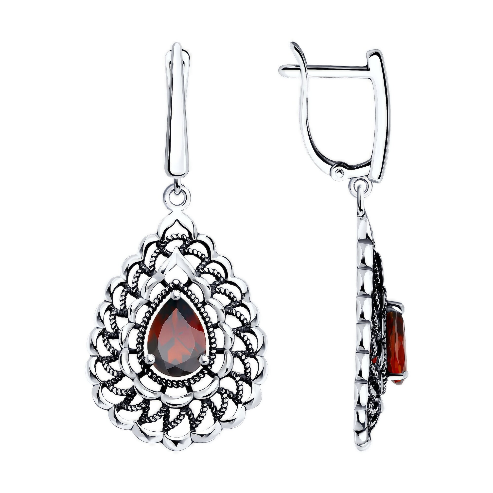 Серьги, серебро, 925 проба, чернение, гранат