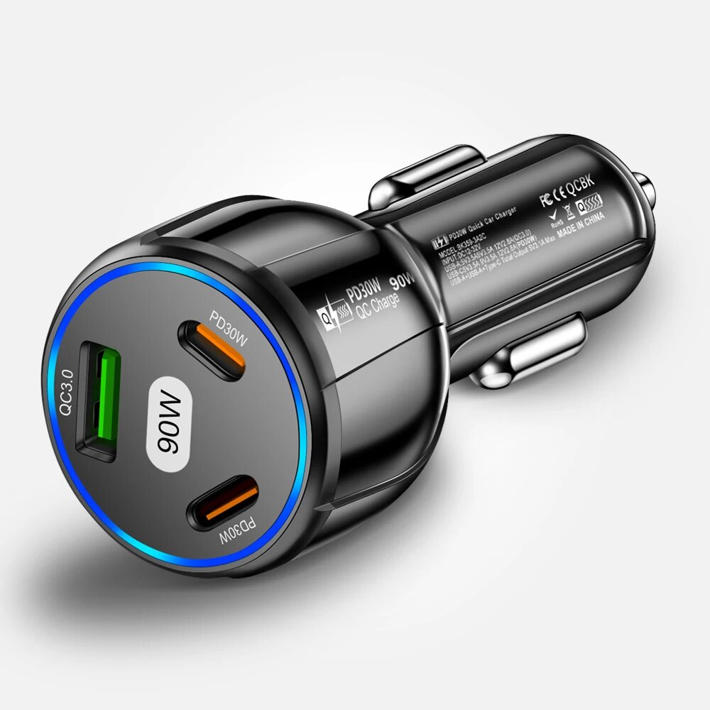 Автомобильное зарядное устройство 90W с 3 портами USB Type C, Black