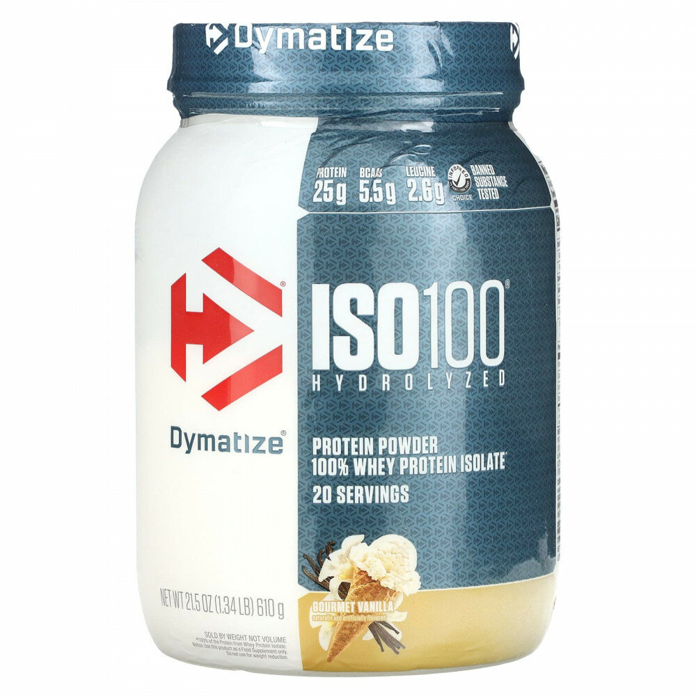 Dymatize, ISO100®, гидролизованный 100% изолят сывороточного протеина, изысканный ванильный вкус, 610 г (1,34 фунта)