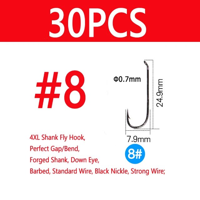 Bimoo Крючки для нахлыста Nymph 4XL 30 шт. черный никель 30pcs size 8