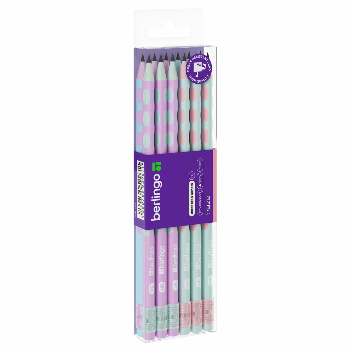 Карандаш чернографитный Berlingo Haze (НВ, пластик, трехгранный, с выемками, заточенный, с ластиком) (BP01019), 12шт.