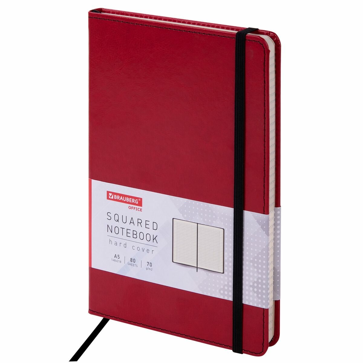 Блокнот 80л, А5 Brauberg "Office", красный, книжный переплет, под кожу, резинка, 148х218мм (111030)