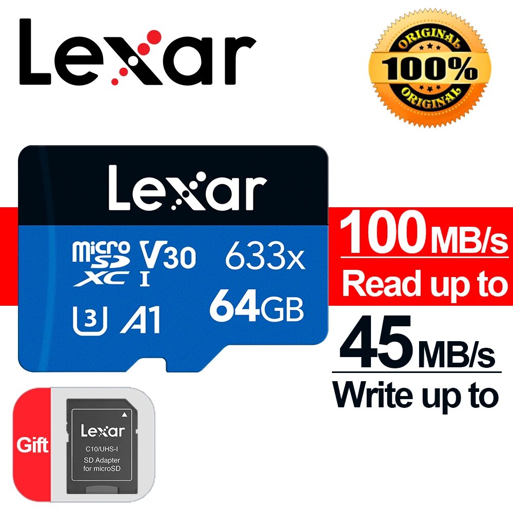 Lexar microSD V30 64GB карта памяти с адаптером SD