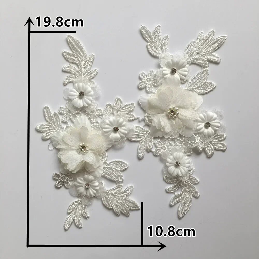 Белые кружевные аппликации с цветами, 19.8x10.8 см, 1 пара