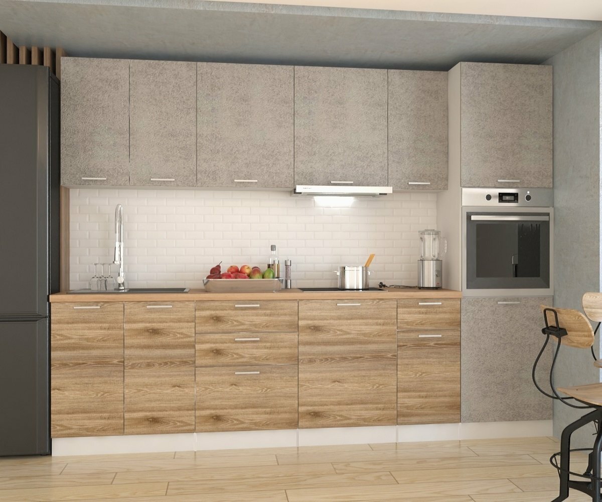 Кухонный прямой гарнитур Лофт, 3000 мм, рустик соломенный/бетон светлый