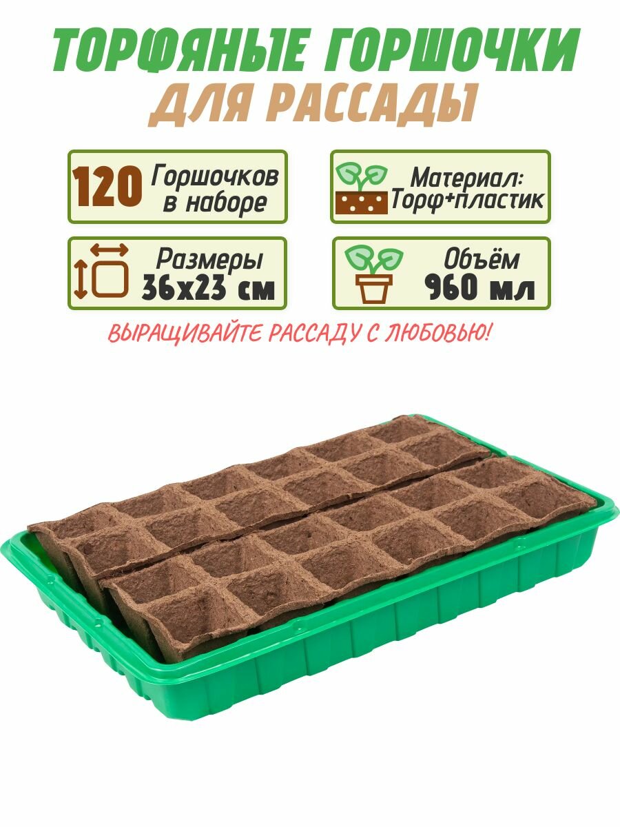 Набор для рассады с торфяными горшками на 24 ячейки, 36x23 см (5 комплектов). Универсальная вместительная тара идеально подходит для пересадки посадочного материала и раннего высевания семян