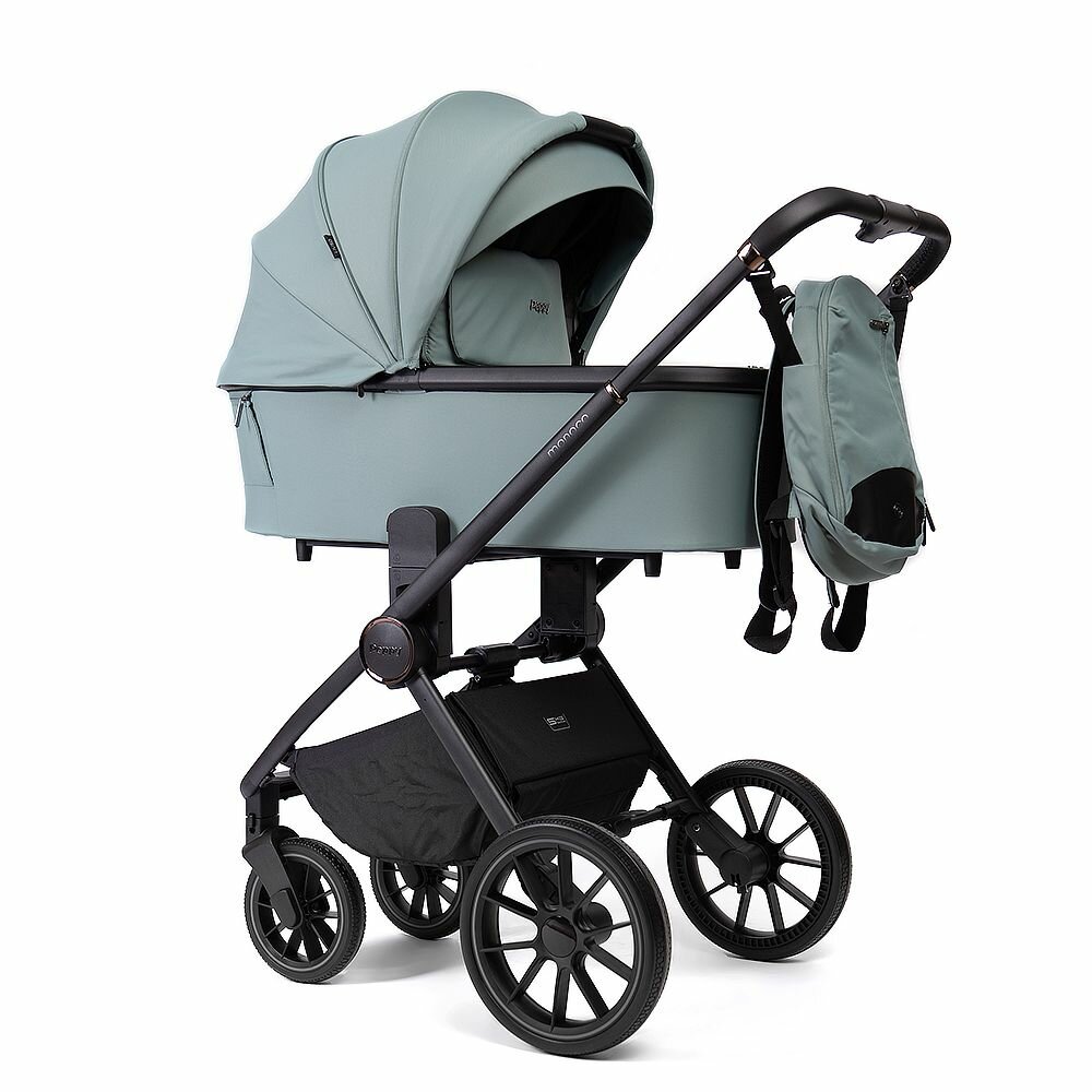 Коляска детская Peppy Monaco 2 в 1 Mint (мятный), рама черная, с регулировкой высоты люльки/прогулочного блока