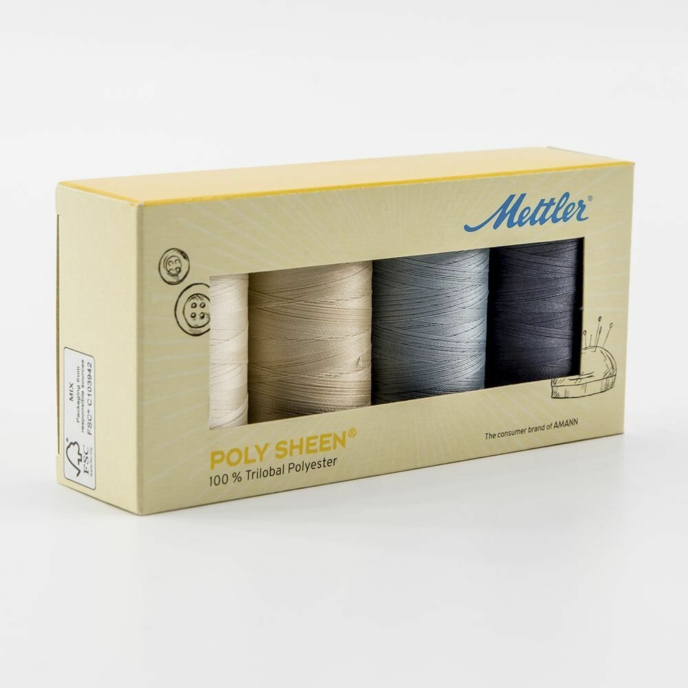 Набор ниток METTLER "Poly Sheen", 4 катушки, цвета 0870, 0761, 0142, 0112, в подарочной упаковке