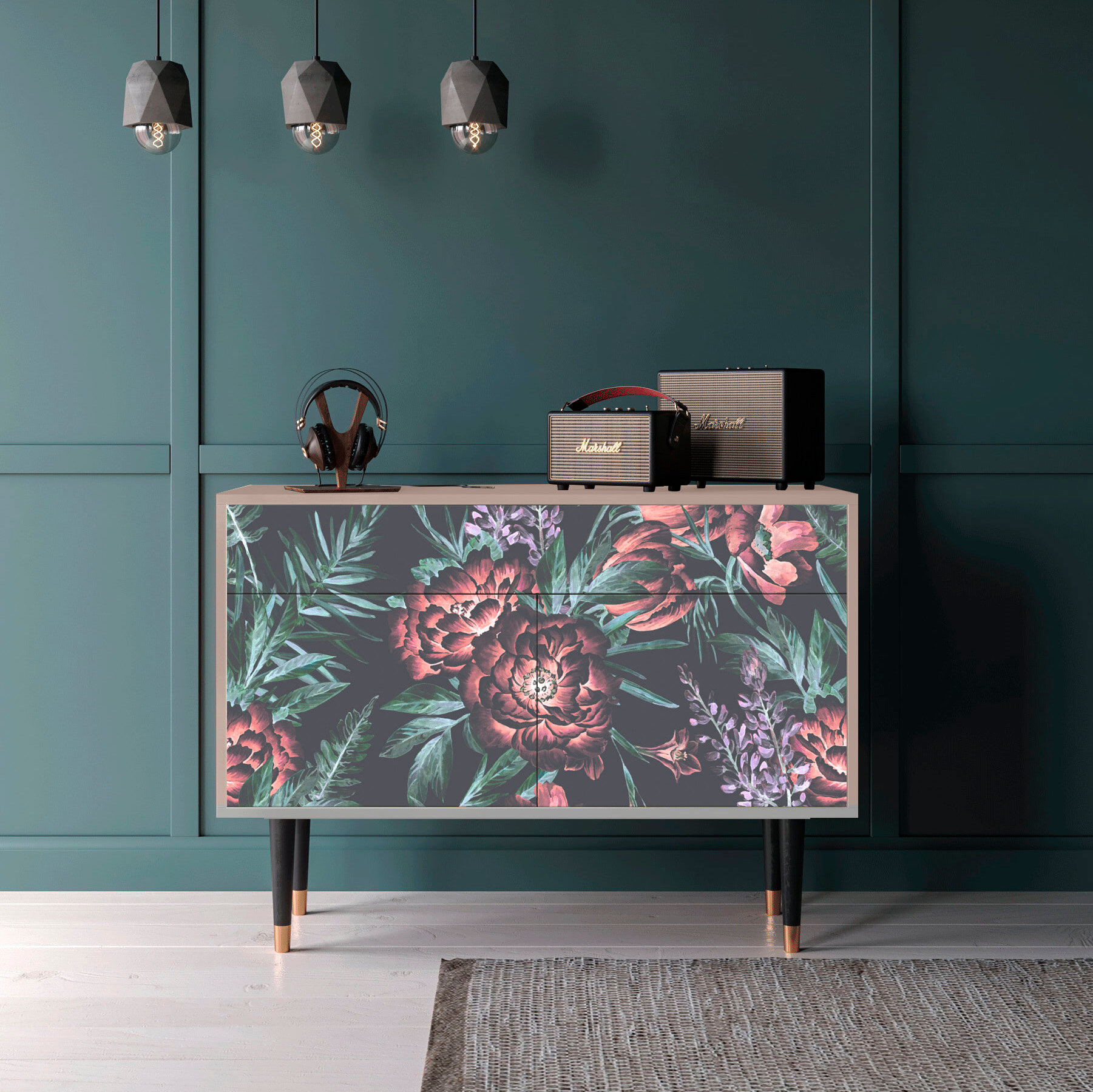 Комод - STORYZ - BS4 Dark Peonies, Размер - 115 x 85 x 48 см, Цвет корпуса - Бежевый