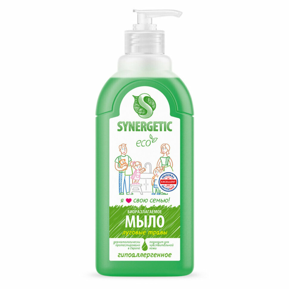 Мыло жидкое 500 мл SYNERGETIC "Луговые травы", гипоаллергенное, биоразлагаемое, дозатор, 105053, 605552