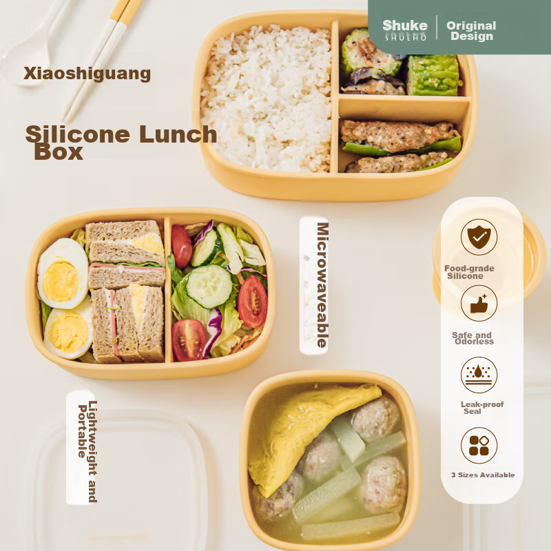 Shuke Xiaoshi Guang Silicone Lunch Box, Office Worker Compartmentalized Bento Box, Student Microwave-Safe Divided Portable Meal Container, Medium Size