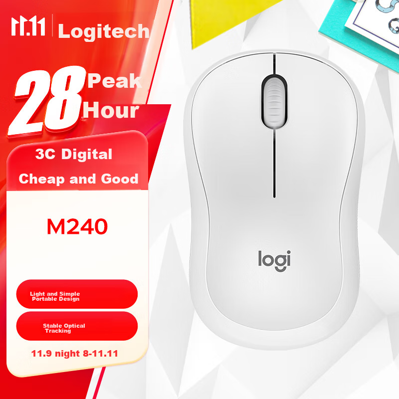 Logitech M240 Wireless Mouse, Bluetooth Mouse, Office Mouse, Simple And Portable, White