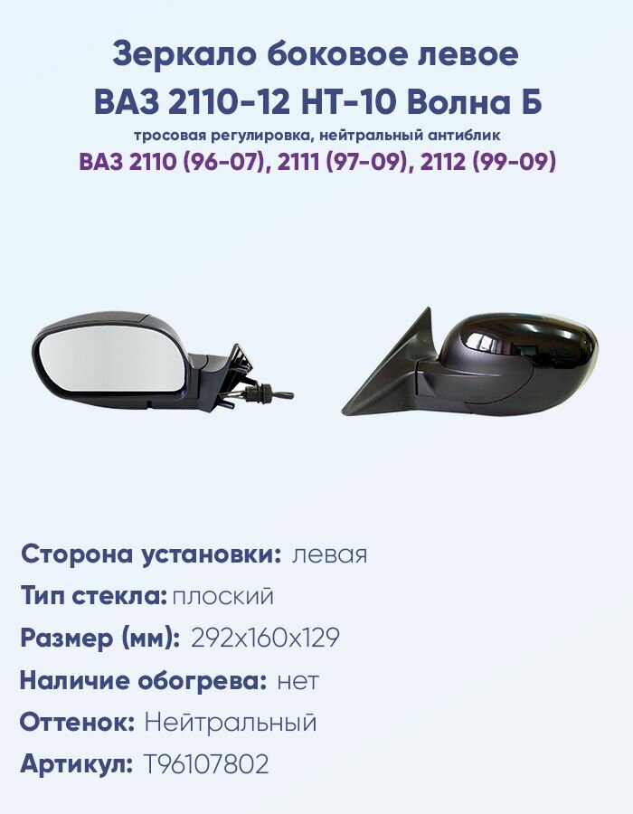 Зеркало боковое левое ВАЗ 2110, 2111, 2112, модель НТ-10 Б "Волна" с тросовым приводом регулировки и с плоским противоослепляющим отражателем нейтрального тона. Без системы Обогрева.