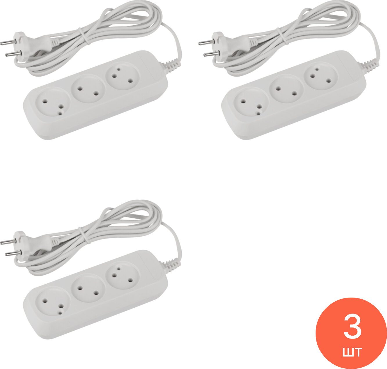 Удлинитель бытовой ЭРА UDL-6-330 Greenline без заземления, ШВВП 2х0.75мм², 3 метра, 3 розетки белый Б0065041 / сетевой фильтр (комплект из 3 шт)