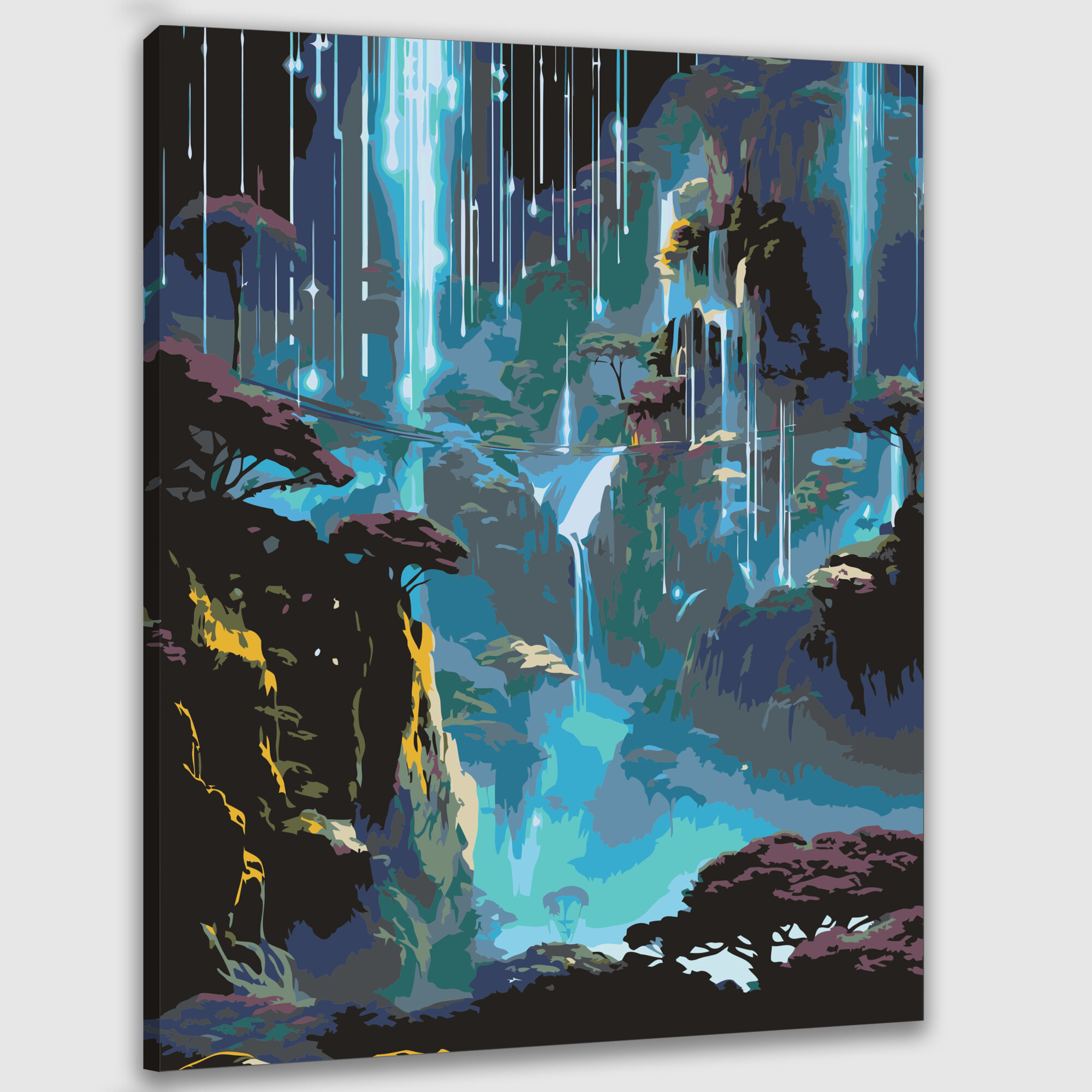 Картина по номерам 40x50 см, цифровой коллаж, горный хребет, каскады голографических в, птицы-роботы