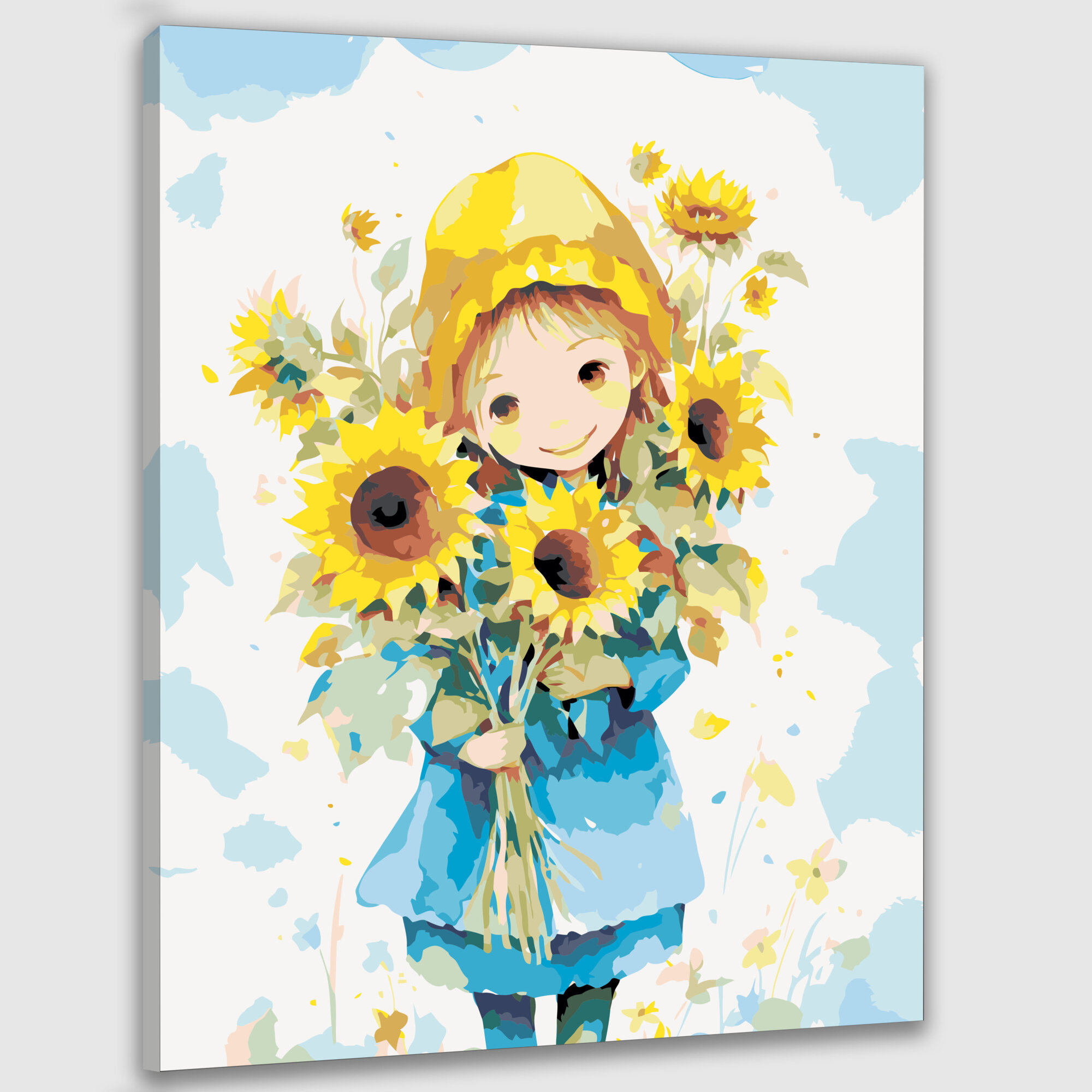 Картина по номерам 40x50 см, девушка, акварельная иллюстрация, цветастое платье, букет подсолнухов, ярко-голубое небо