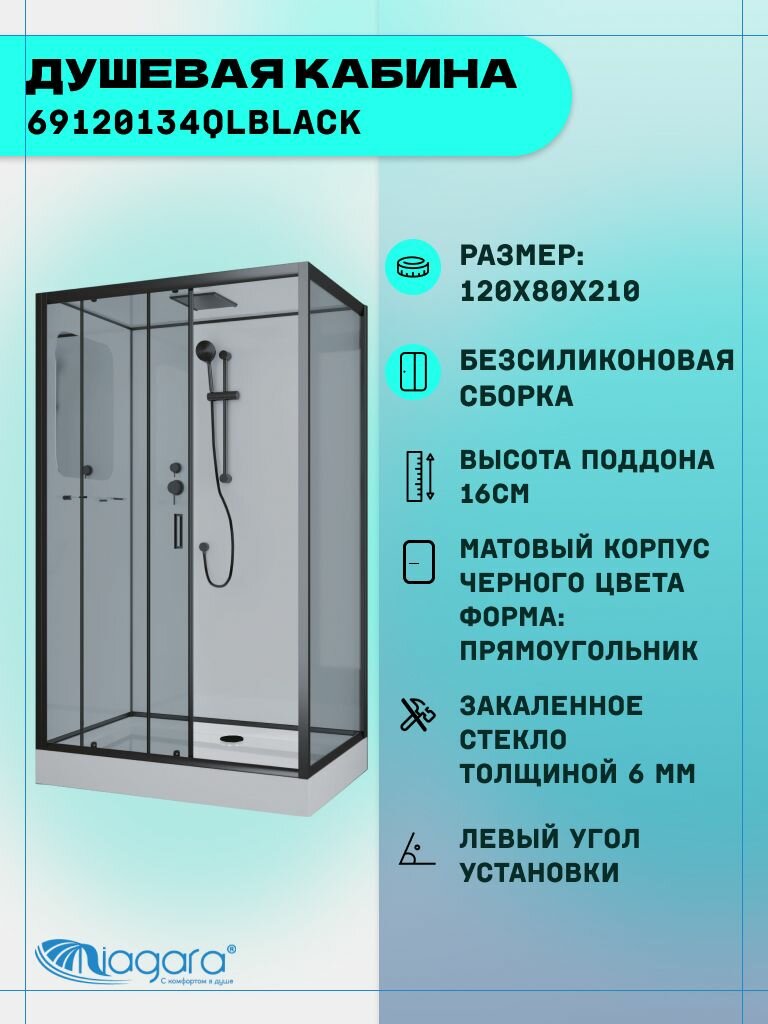 Душевая кабина Niagara Premium NG-6912-01QL BLACK (120х80х210) низкий поддон(16 см), черный, стекло тонированное,4 места