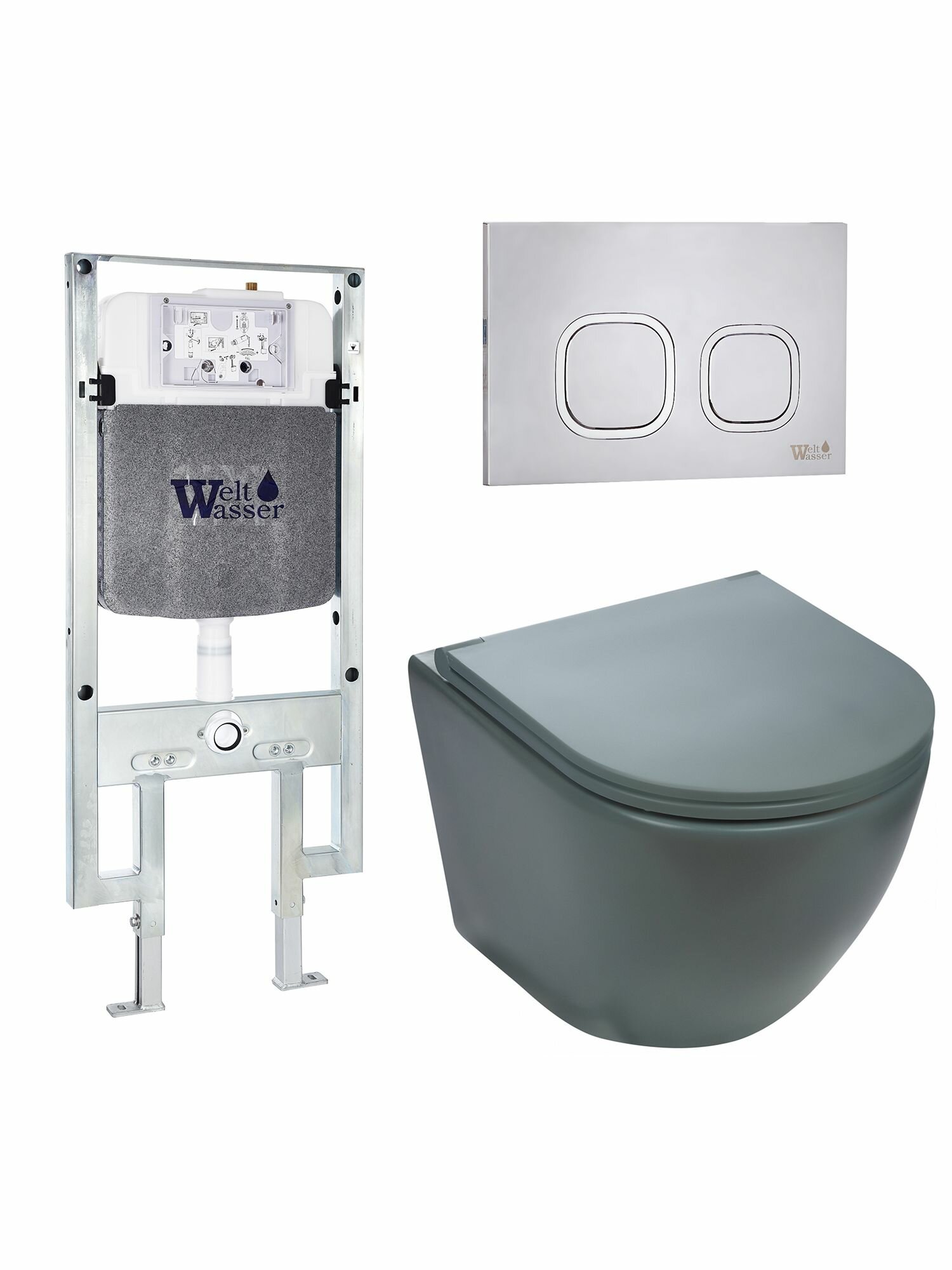 Комплект 6 в 1 WeltWasser: подвесной унитаз MERZBACH 043 MT-GR серый+кнопка смыва AMBERG RD-MT CR хром+инсталляция AMBERG 497 ST