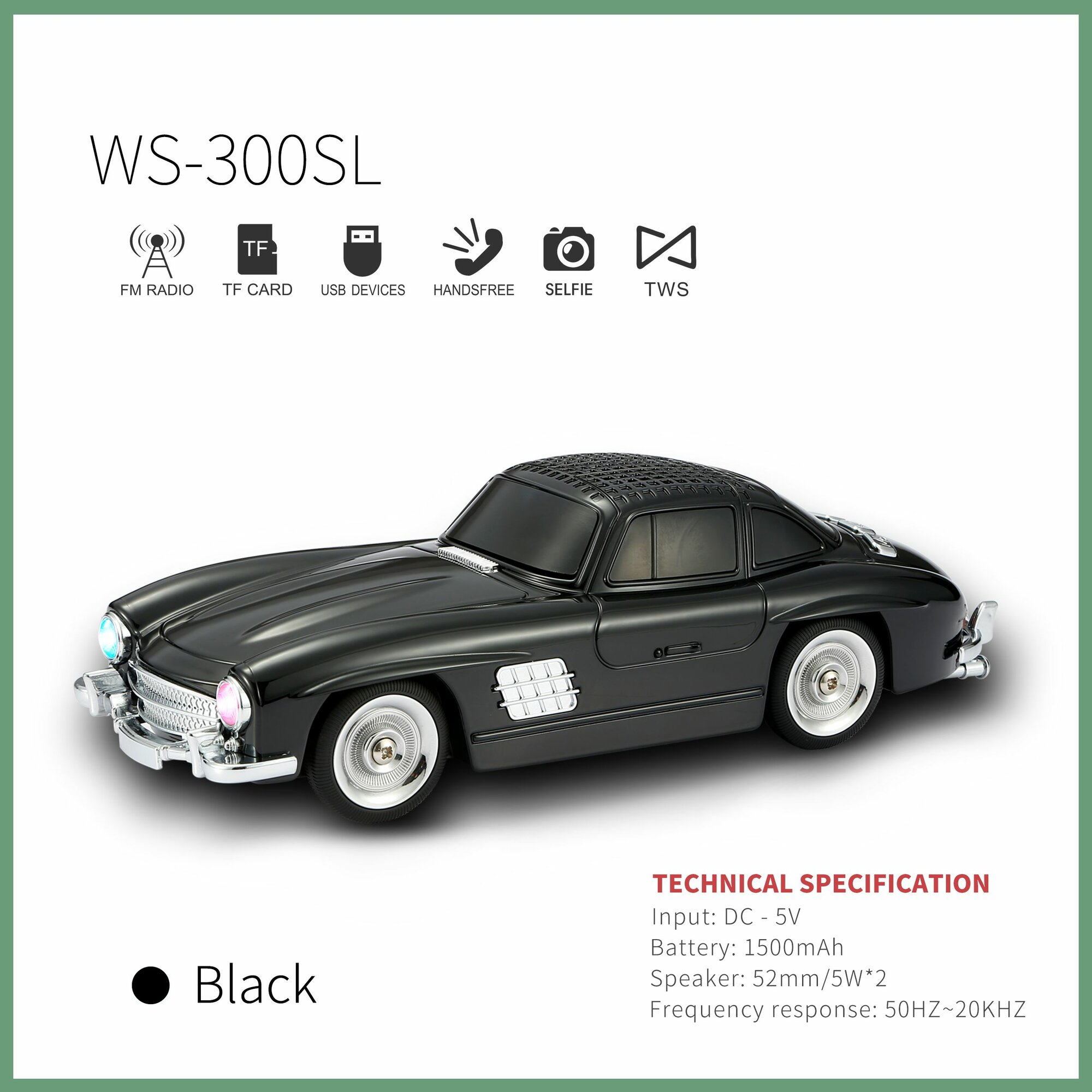 WS-300SL Ретро автомобильный Bluetooth-динамик Беспроводные двойные наушники TWS + FM-радио + TF-карта/воспроизведение USB 1500 мАч Открытый Классический