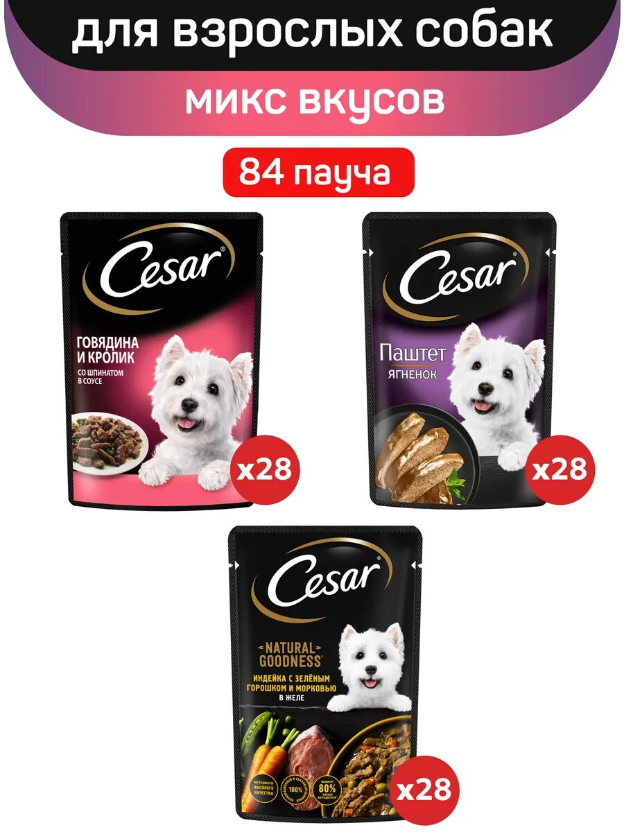 Влажный корм Cesar, для взрослых собак, Микс вкусов, индейка, говядина и кролик, ягненок, 84 шт