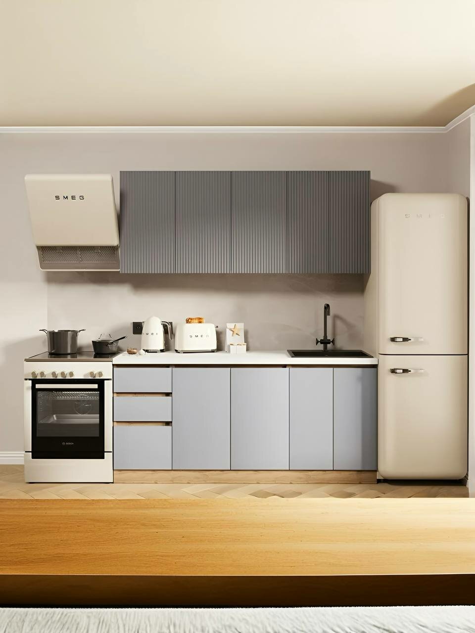 Кухонный гарнитур Ника МДФ 1,8м графит софт/серый софт со столешницей